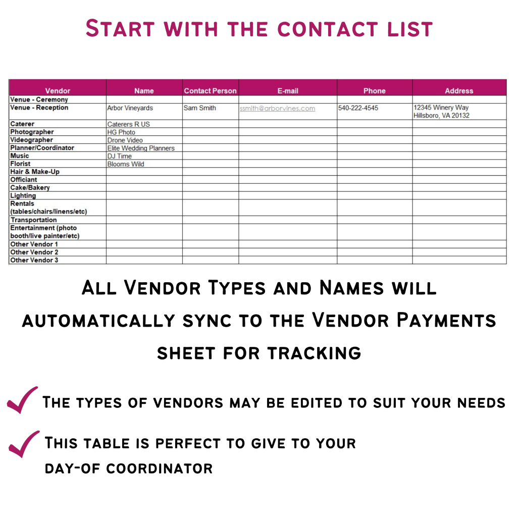Vendor Contacts & Payment Tracker | Gold Standard Weddings