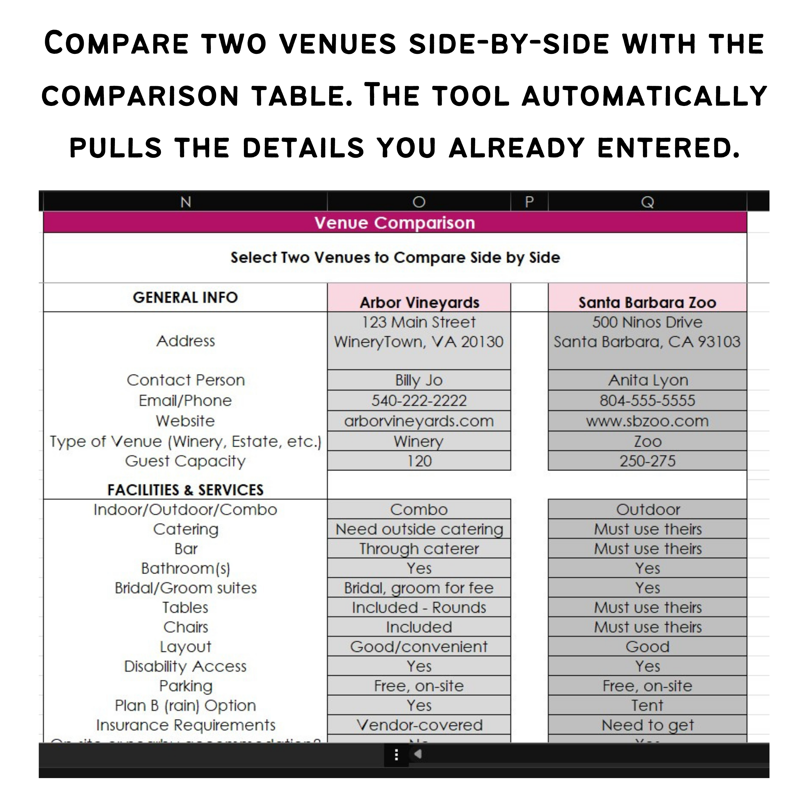 Wedding venue comparison excel template | Beachweddingtips.com